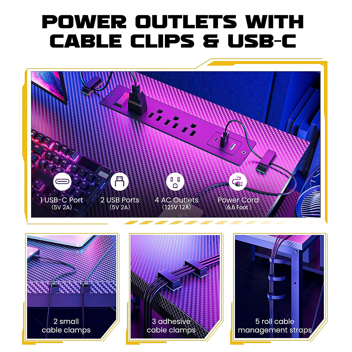 DOMICON Computer Desk 72" L Shaped Desk with Power Outlets, Gaming Desk with LED Lights & Long Adjustable Monitor Stand, Corner Desk with Storage, Cup Holder & Headset Hooks (Black Carbon Fiber)