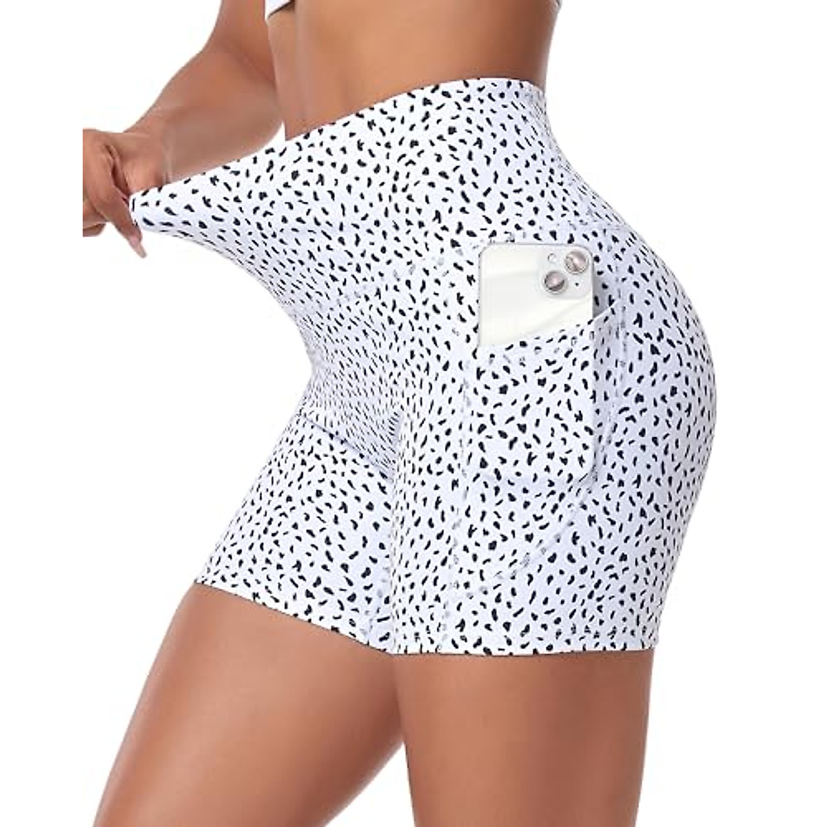 HERRLA Womens High Waisted Biker Shorts Athletic Yoga Gym Running Workout Shorts with Pockets for Summer (Large, Leopard)