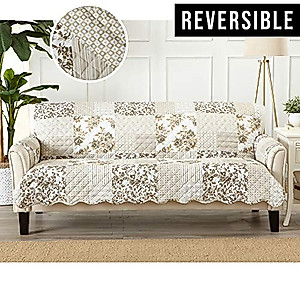 Great Bay Home Patchwork Scalloped Printed Furniture Protector. Stain Resistant Couch Cover. (Sofa, Taupe)