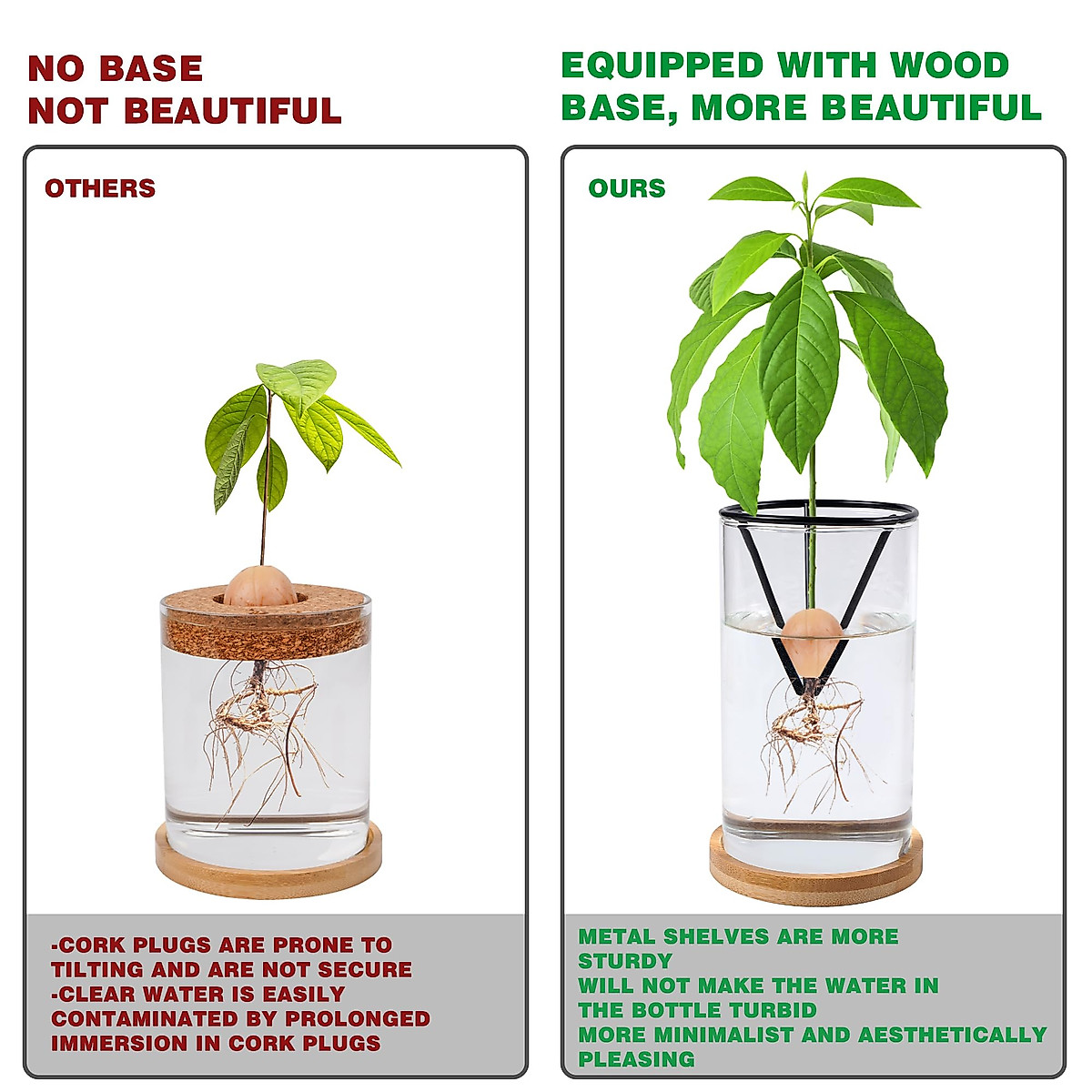 Bylion Avocado Tree Growing Kits, Avocado Growing Vase Wooden Base Avocado Seed Starter Vase Glass Plant Pot Easy Seed Sprout Starter Gift for Women Gardening Lovers Home Office Table Decoration