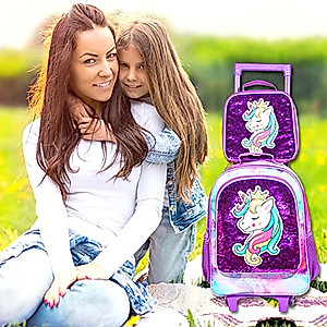 TXHVO 3PCS Rolling Backpack for Girls,Kids Unicorn Bookbag with Roller Wheels, Sequin Suitcase School Bag Set for Elementary Toddler