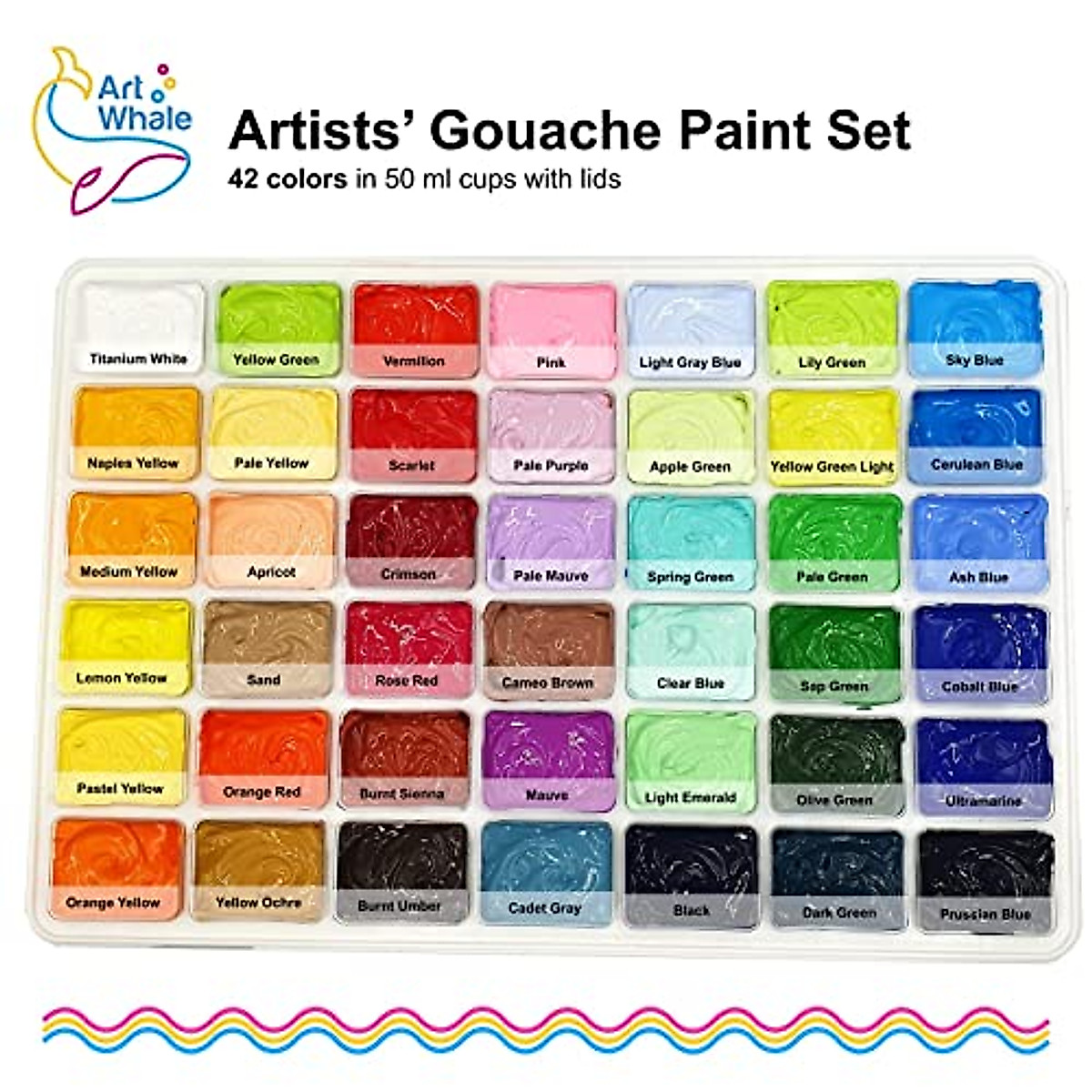 Art Whale Gouache Paint Set 42 Colors 50 ml, 1.7 fl oz Cups With Lids in a Carrying Case Water-Based Paint Set for Painting on Canvas, Paper, Wood - Art Supplies For Adults, Students, and Kids