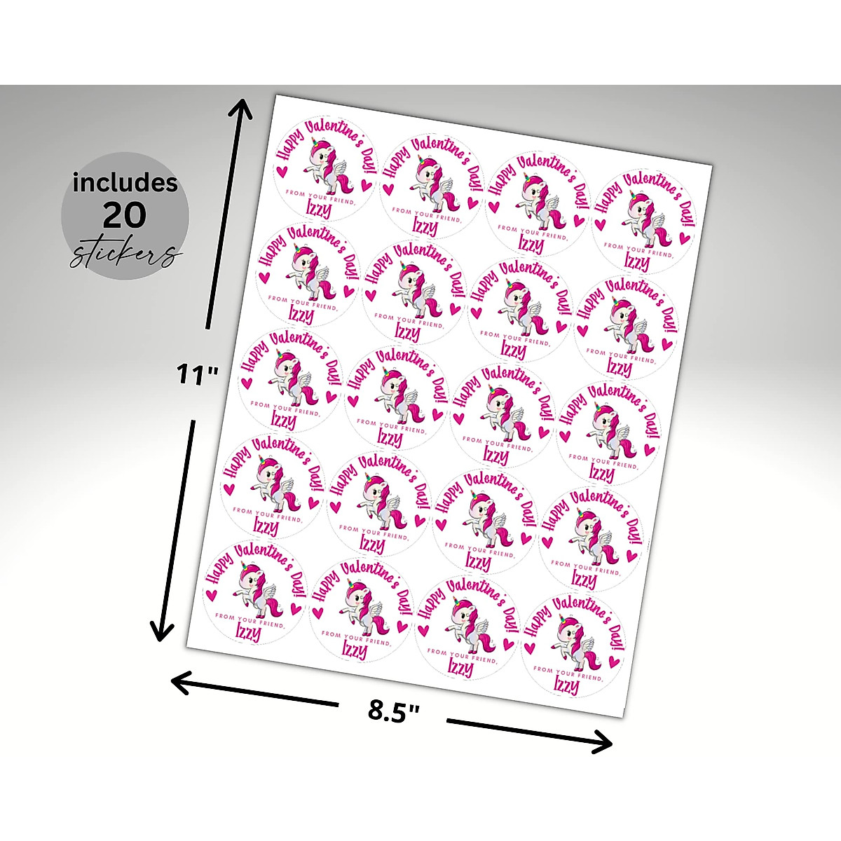 Personalized Unicorn Valentine's Day Stickers for Kids Class Party Favors, Custom Gift Bag Labels for Girls, 2-inch, 20-Count