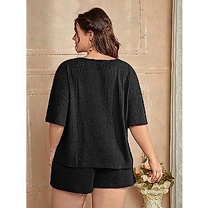 SOLY HUX Women's Plus Size Waffle Knit Short Sleeve Top and Shorts Pajama Set Sleepwear Black Plain 5XL