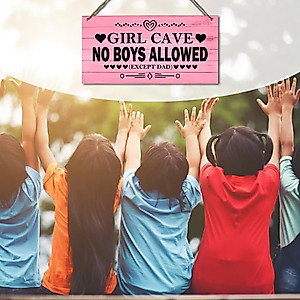 Pink Little Girl Cave Hanging Wooden Sign No Boys Allowed (Еxcept Dad) Quote Plaque Hanging Wall Art Decor for Nursery Kids Toddler Girls Bedroom Playroom Living Room Decorations 12''X 6'' (J690)