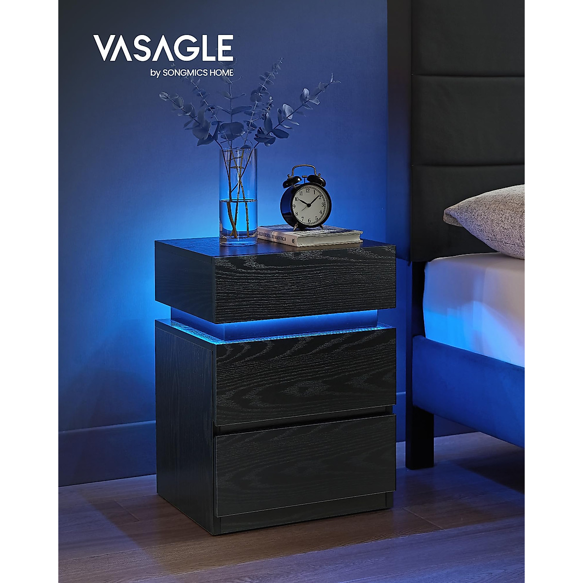 VASAGLE Nightstands with LED Lights, Set of 2, Adjustable Light Colors, Bedside Tables, Side Tables with 3 Drawers, Modern Style, 13.8 x 15.7 x 21.7 Inches, Ebony Black ULET799T58