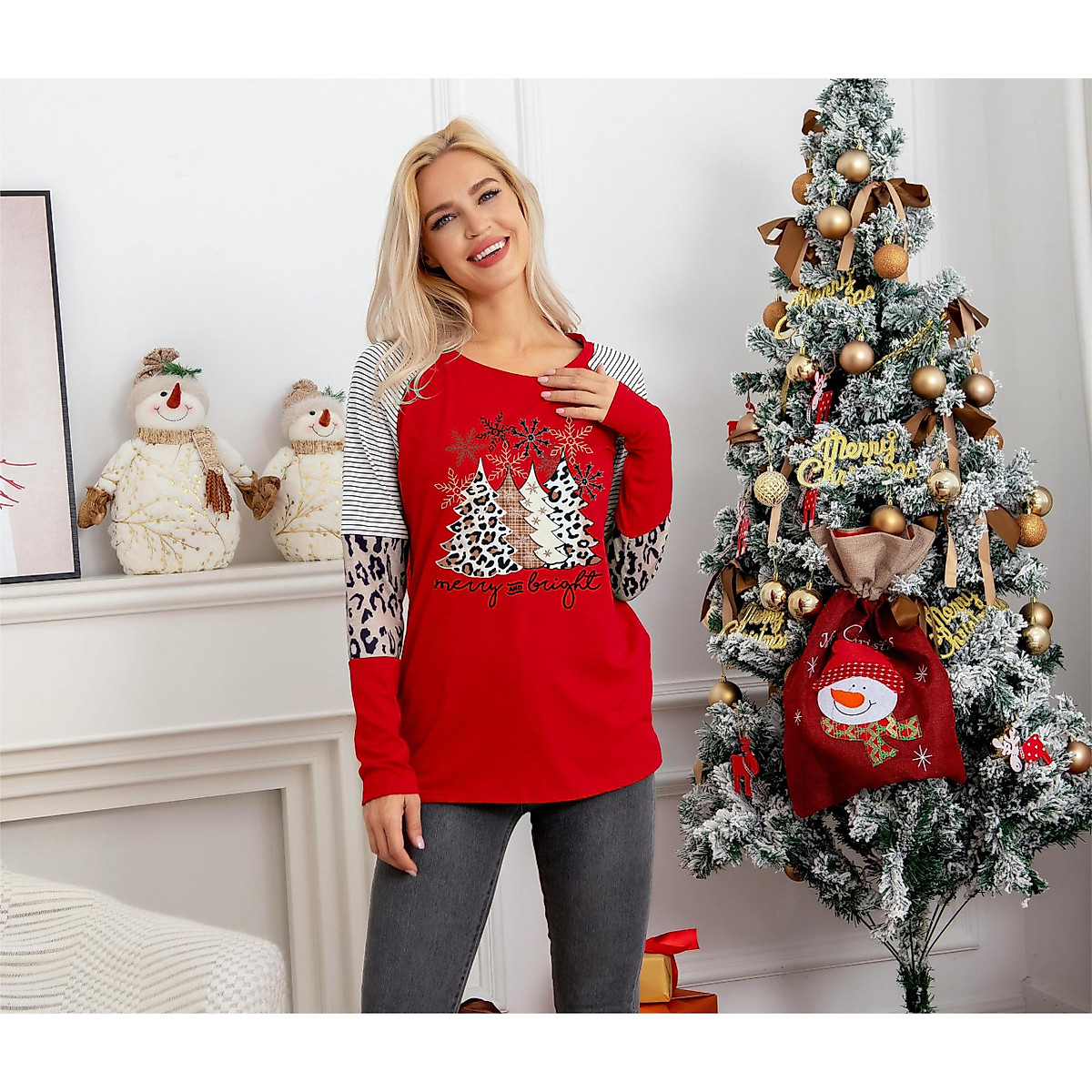 Christmas T Shirt Womens Merry and Bright Shirt Xmas Leopard Print Tree T-Shirt Holiday Graphic Tee Tops (Red, XX-Large)