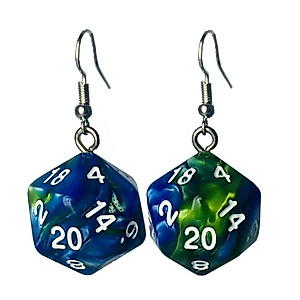 d20 / d10 Polyhedral Dice Earrings - Multicolored Pearlescent Swirl (d20 Blue-Green)