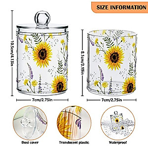Kigai 2 Pack Apothecary Jars Sunflower Floral White Qtip Holder Organizer Clear Airtight Container for Cotton Swabs Food Storage 14oz Plastic Jars with Lids