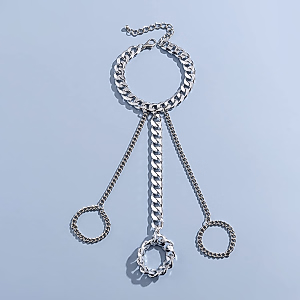 Asphire Punk Layered Cuban Link Chain Bracelet with Finger Ring Chunky Chain Tassel Hand Harness Slave Bracelet Boho Wrist Chain for Women Teens Girls (Silver)