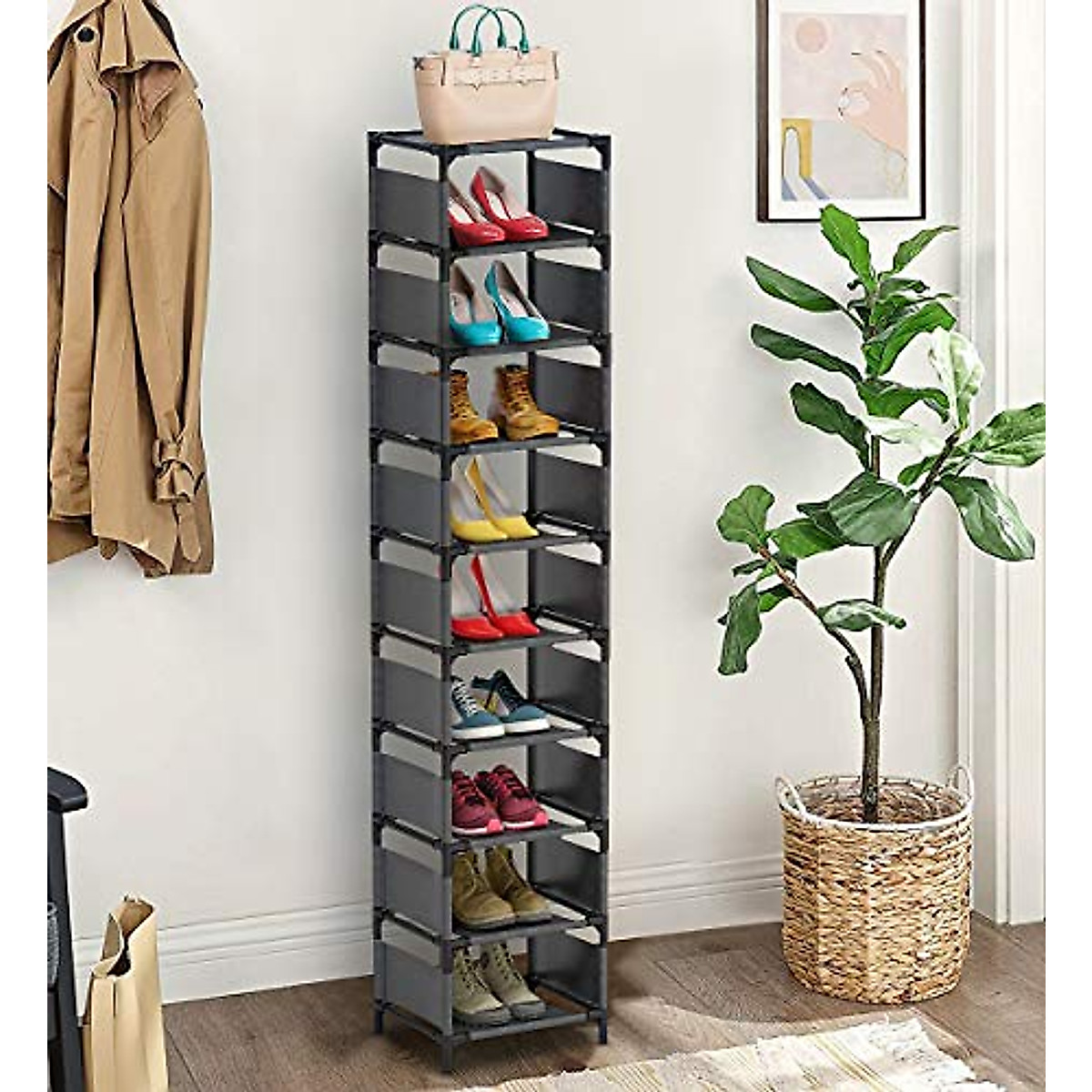 barsone 10 Tiers Shoe Rack, Vertical Narrow Shoe Rack, 10 Pairs Tall Shoe Rack Organizer for Small Space, Free Standing Shoe Shelf for Closet Entryway Hallway