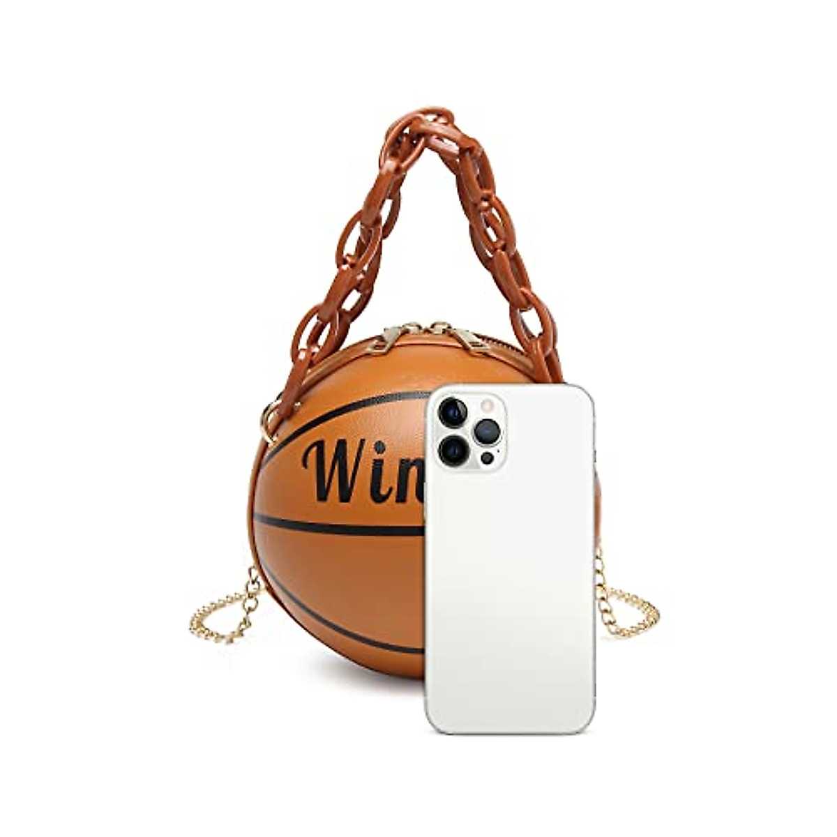 Obovoid Women's basketball bag Basketball-Shaped Crossbody Bag Handbag Girl Mini One-Shoulder PU Leather Round Handbag (Yellowish brown)