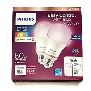 Philips Wiz connected 2-Pack bundle A19 LED Wi-Fi Smart Bulb FULL COLOR 800 Lumens Dimmable 60w equivalent