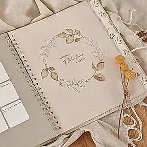 Peachly Unisex Baby Memory Book | Minimalist First Year Keepsake for Milestones | Simple Scrapbook Baby Books for Boy or Girl | 60 Pages Natural Linen - Olive, 9.75 inches x 11.25 inches