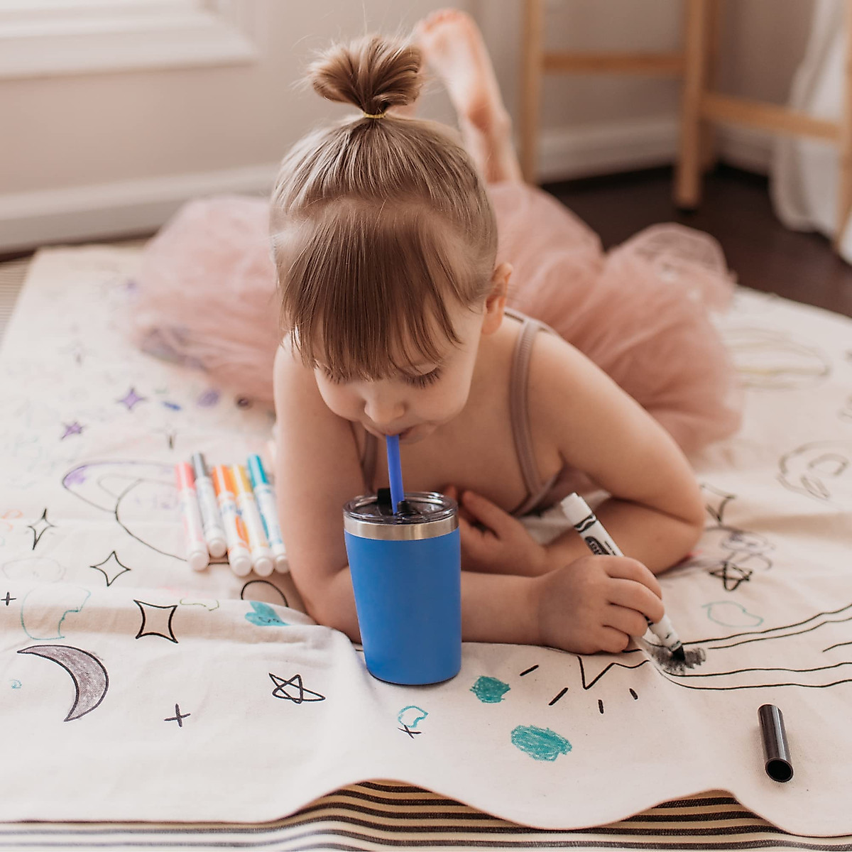 CUPKIN Stackable Stainless Steel Kids Cup Smoothie Tumbler, Powder Coated Insulated Tumblers, BPA Free Lid and Silicone Straw 8 Fl Oz (Pack of 1), Blue