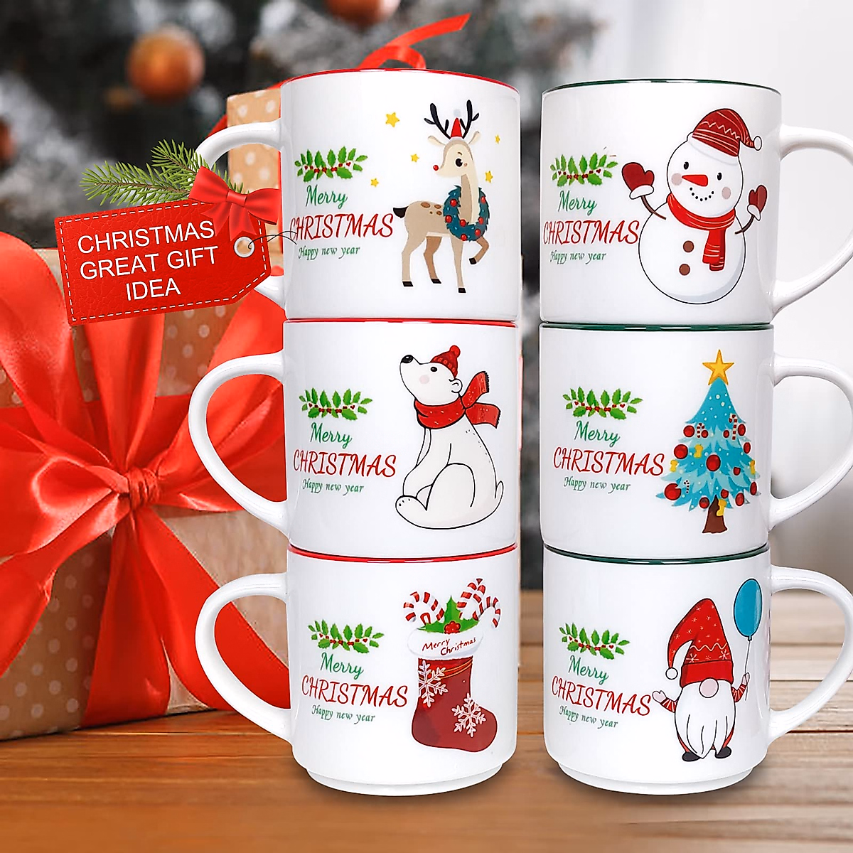 QIKSION Christmas Mugs Set of 6, 14oz Cute Ceramic Coffee Mugs, Stackable Christmas Coffee Mugs as Christmas Gifts for Family, Friends and Colleagues