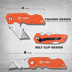 M MEEPO Box Cutter, 4-Pack Tough Folding Box Cutter for Heavy Duty Purpose, Razor Sharp Blade, Comfortable Handle, with Extra 10-Piece Blades, Can cut Drywall, Sheet Plastic, Linoleum, Boxes, Rope