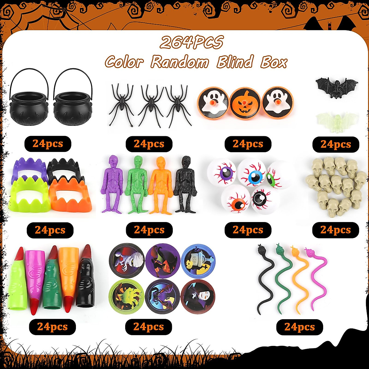 YiYa 264 PCS Halloween Mini Witch Cauldron Set 24 Pack Small Plastic Cauldron Black Halloween Candy Cauldron with Spider, Bat, Skull,Snakes for Witch Hocus Pocus Party Decorations