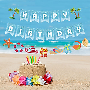 Zwiebeco Seaside Birthday Party Decoration Supplies-Blue White Happy Birthday Sign Banner Starfish Conch Hanging Paper Banner for Kids Adults Tropical Hawaiian Seaside Beach Pool Summer Birthday Decor