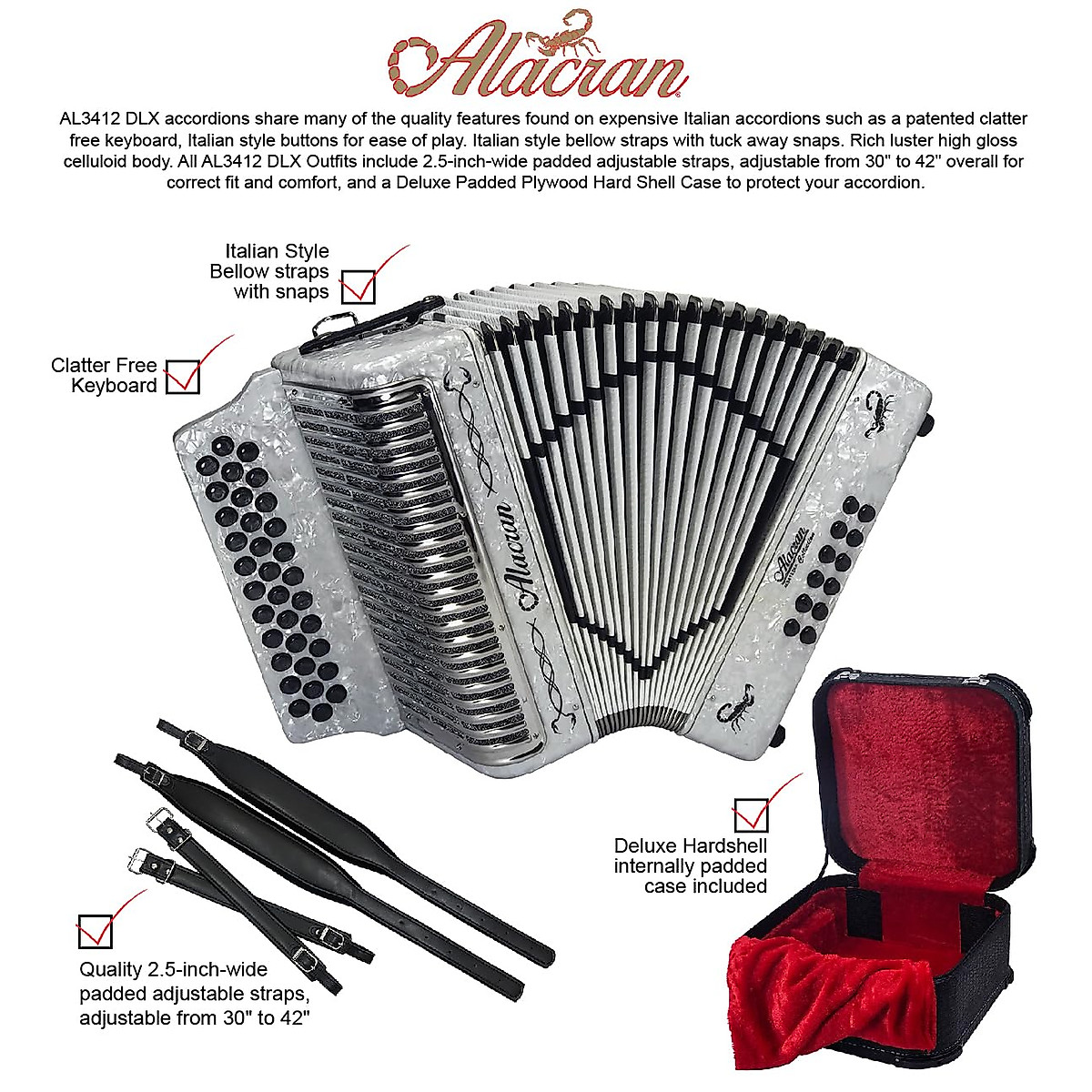 Alacran NAL3412 DLX Accordion Package: 34 Button, 12 Bass Accordion with Case and Straps (Fa/FBE, White Pearl)