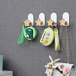 AUXBC 8 PCS Star Shaped Hooks, Kids Room Decorative Hooks, Wood Coat Hooks, Adhesive Mounted Wall Hook for Hanging Coat Clothes Hat Bag Purse and Towel