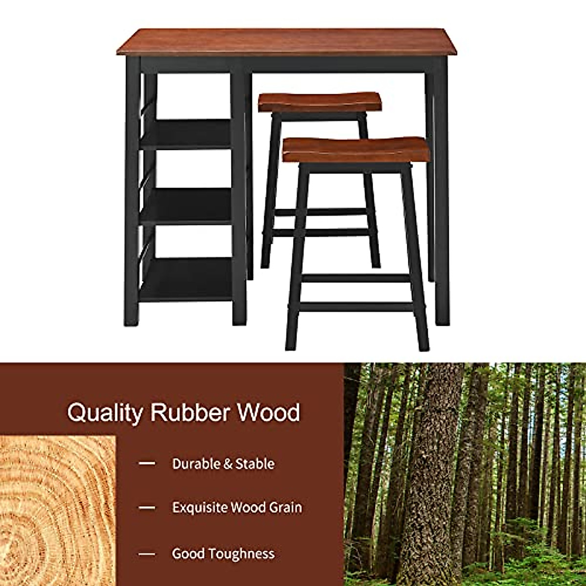 PETSITE 3 Piece Bar Table Set, Counter Height Kitchen Dining Room Table with Stools and Storage Shelves, Small Breakfast Coffee Pub Table and Chairs Set of 2