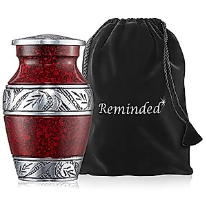 Reminded Small Cremation Keepsake Urns for Human Ashes, Set of 4 Red and Silver Miniature Urns with Velvet Case and Bags
