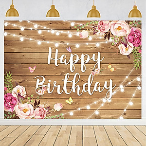 Rustic Wood Floral Birthday Backdrop Spring Flower Wood Glitter Happy Birthday Photography Background for Women Photo Booth Props Kids Adult Birthday Wedding Party Cake Table Decoration