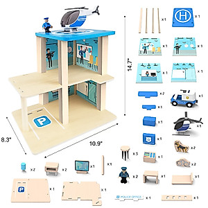Wooden Police Station Playset Toy, Multicolor 3-Level Pretend Play Dollhouse Set with Figures, Car, Helicopter and Accessories, Preschool Learning Educational Toys for Toddlers Kids Age 3 and up