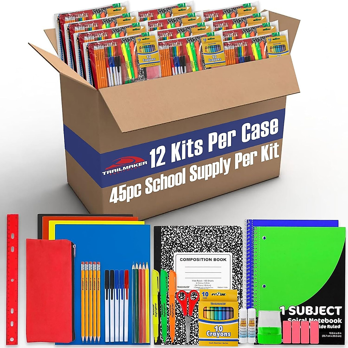 Trail maker Bulk Elementary School Supply Kits, 12 Packs of 45 Piece Wholesale School Supplies for Kids Includes Folders Notebooks Pencils Pens and Much More!