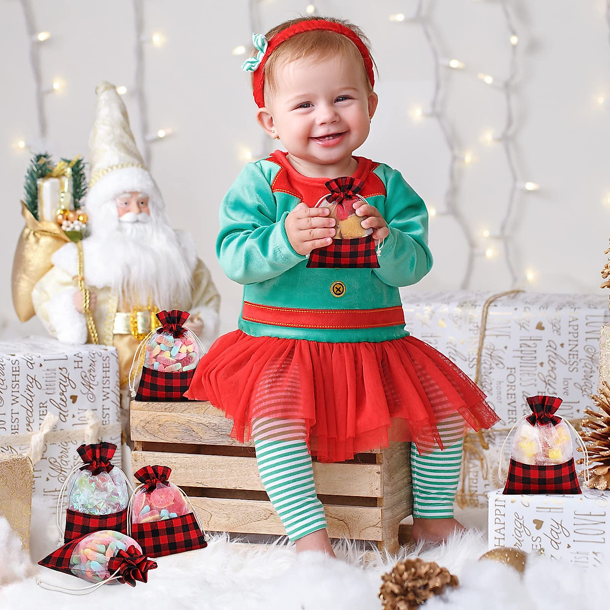 MIMIND 48 Pack Christmas Linen Burlap Sheer Bags with Drawstring Red and Black Buffalo Plaid Burlap Organza Bags Small Drawstring Burlap Gift Bag for Xmas Wedding Birthday Party Favors, 4 x 6 Inch