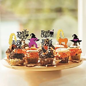 32 PCS Hocus Pocus Cupcake Toppers Glitter Witch Hair Hat I Put A Spell on You I Smell Children Halloween Cupcake Picks for Halloween Hocus Pocus Theme Birthday Party Cake Decorations