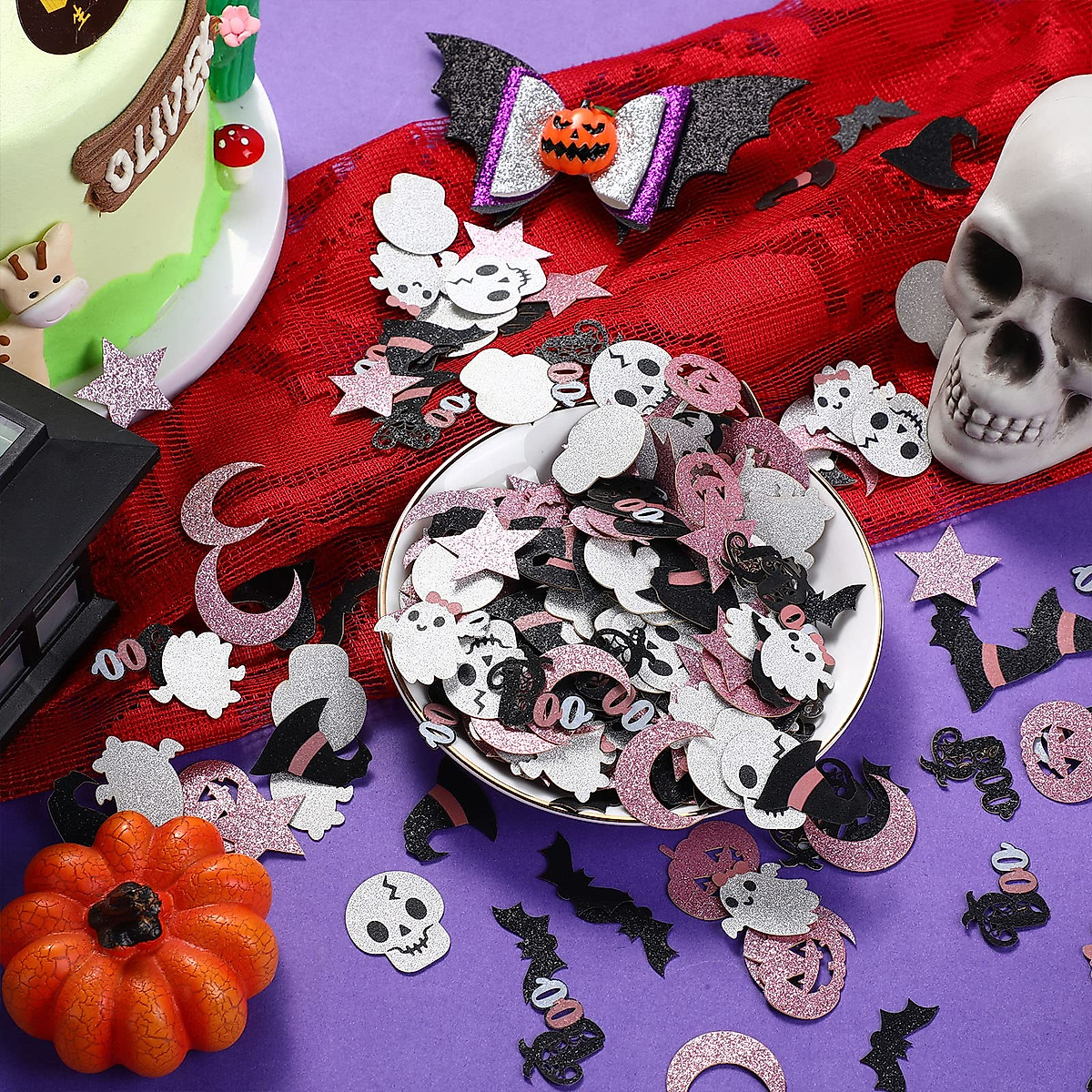 300 Pieces Halloween Confetti Halloween Party Table Scatter Confetti Glitter Halloween Confetti Boo Bat Ghost Pumpkin Witch Confetti for Baby Shower Birthday Table Decor Supplies (Pink)