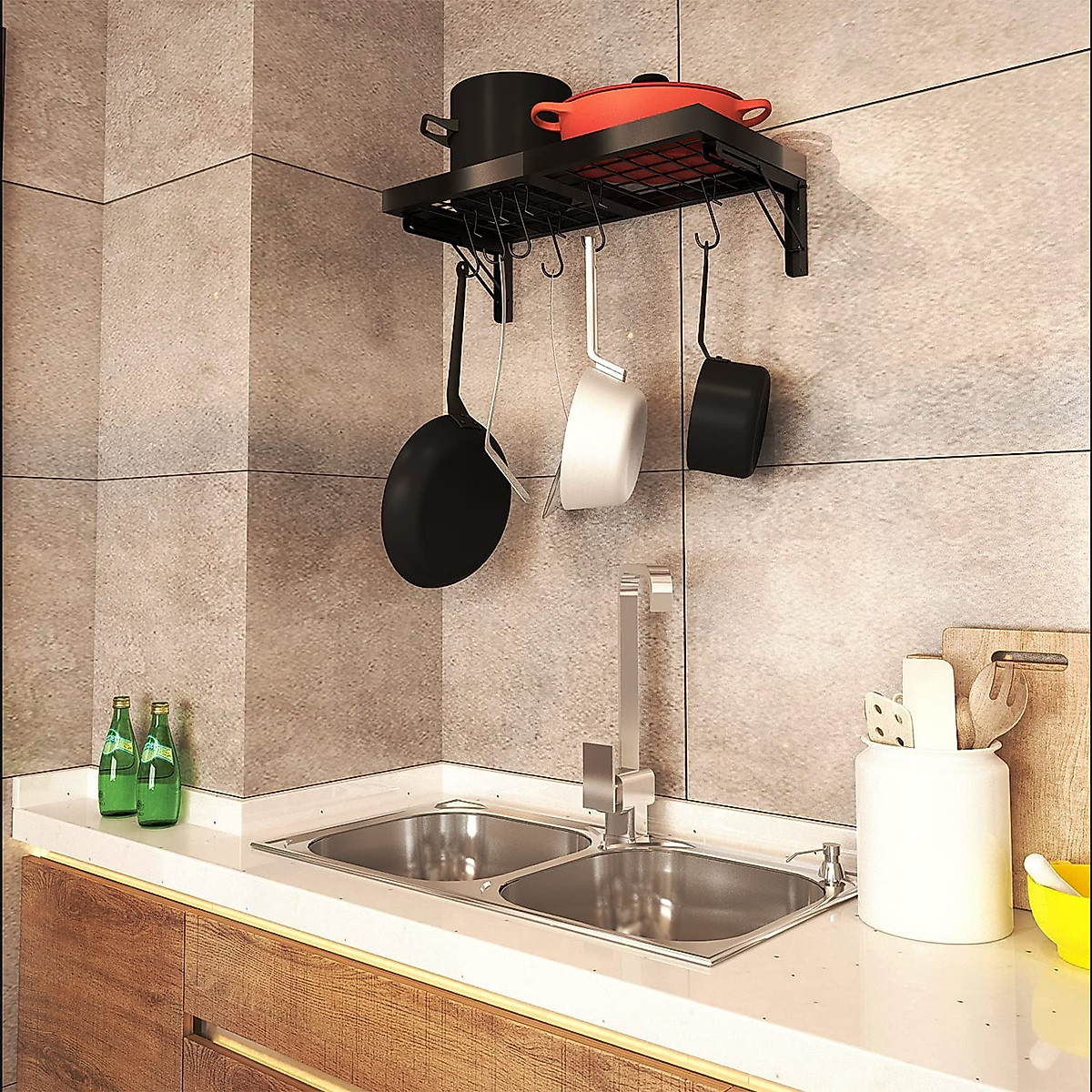 owosald pot rack organizer pots and pans organizer 24in pot racks for kitchen wall mounted 10pcs Hooks Matte Black