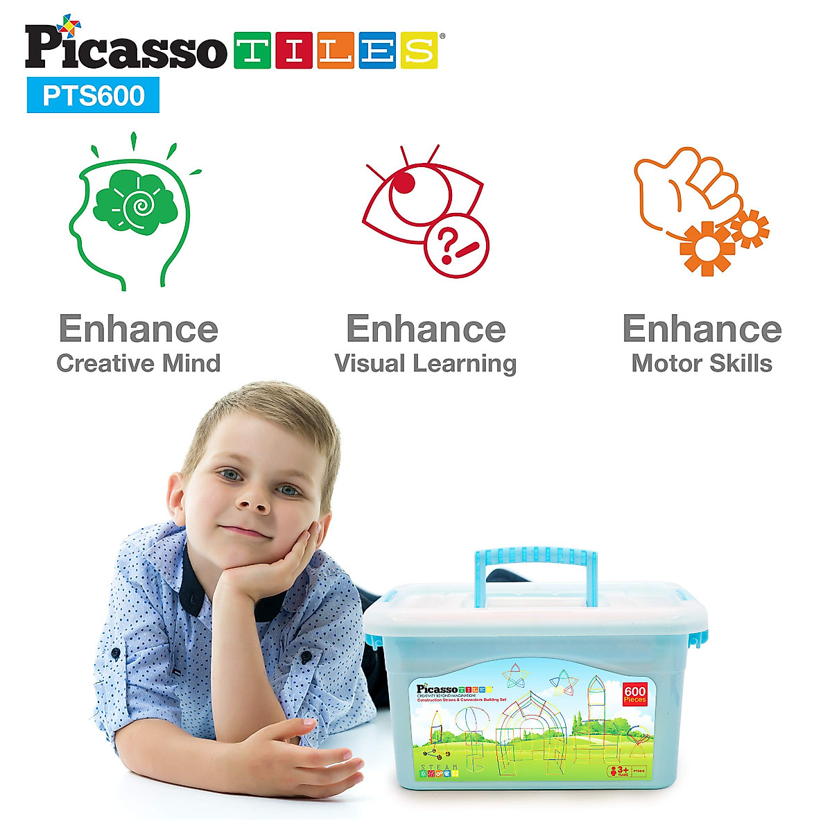 PicassoTiles 600pc Construction Toy Straw Building Set Children STEM Learning Interlocking Building Toys Creative Straw Connecting Builder Kits Early Education Kit for Kids Boys & Girls Ages 3+ PTS600