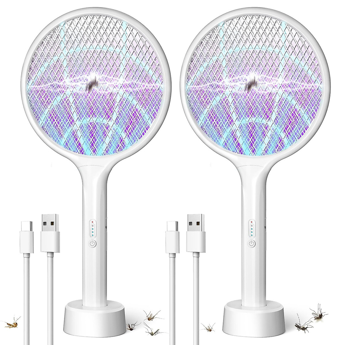 2Pack Electric Fly Swatter,4000V Bug Zapper Racket with 1500mah Battery Rechargeable,2 in 1 Fly Zapper & Purple Mosquito Killer Lamp with 3 Layers of Safety Net Suitable for Indoor and Outdoor