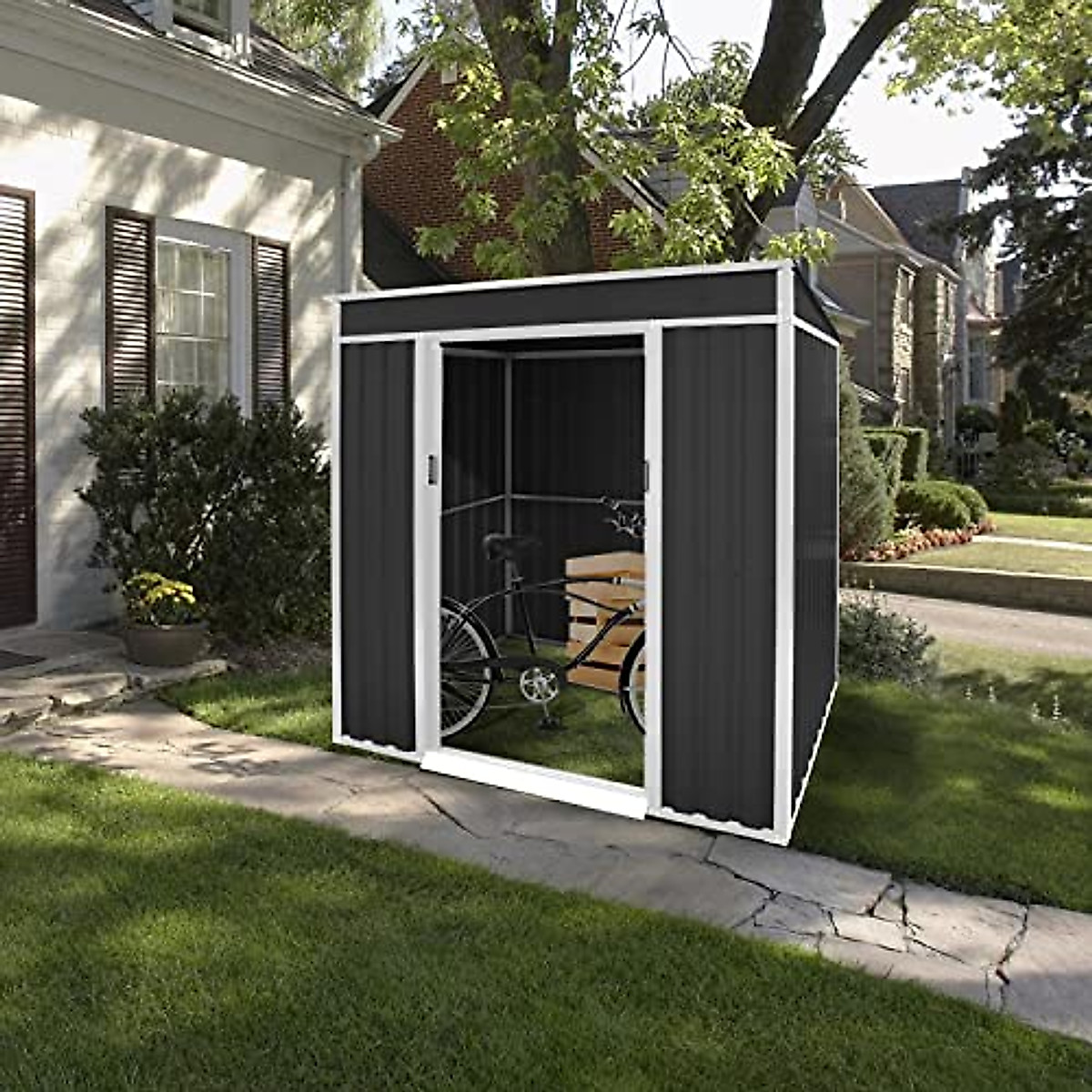 Omelaza 4' x 6' Outdoor Garden Storage Shed with Sliding Door, Perfect to Store Patio Furniture, Garden Tools, Bike Accessories, Beach Chairs,Weather Resistance, Dark Grey
