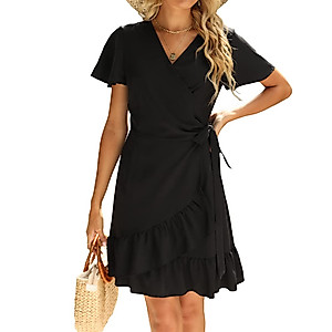 Naggoo Womens Wrap Dress V Neck Trendy Polka Dot Ruffle Short Sleeve Evening Mini Dress (Large, Solid Black)