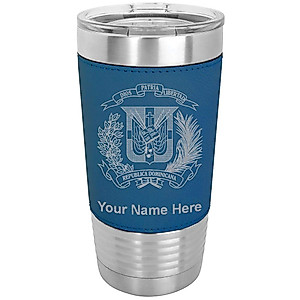 LaserGram 20oz Vacuum Insulated Tumbler Mug, Coat of Arms Dominican Republic, Personalized Engraving Included (Faux Leather, Blue)