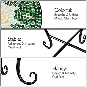 GRAFFY Outdoor Mosaic Side Table, 14 Inch Patio End Table, Round Printed Glass Table with Steel Frame for Garden/Yard/Lawn/Balcony and Home Decor Small End Table (Green)