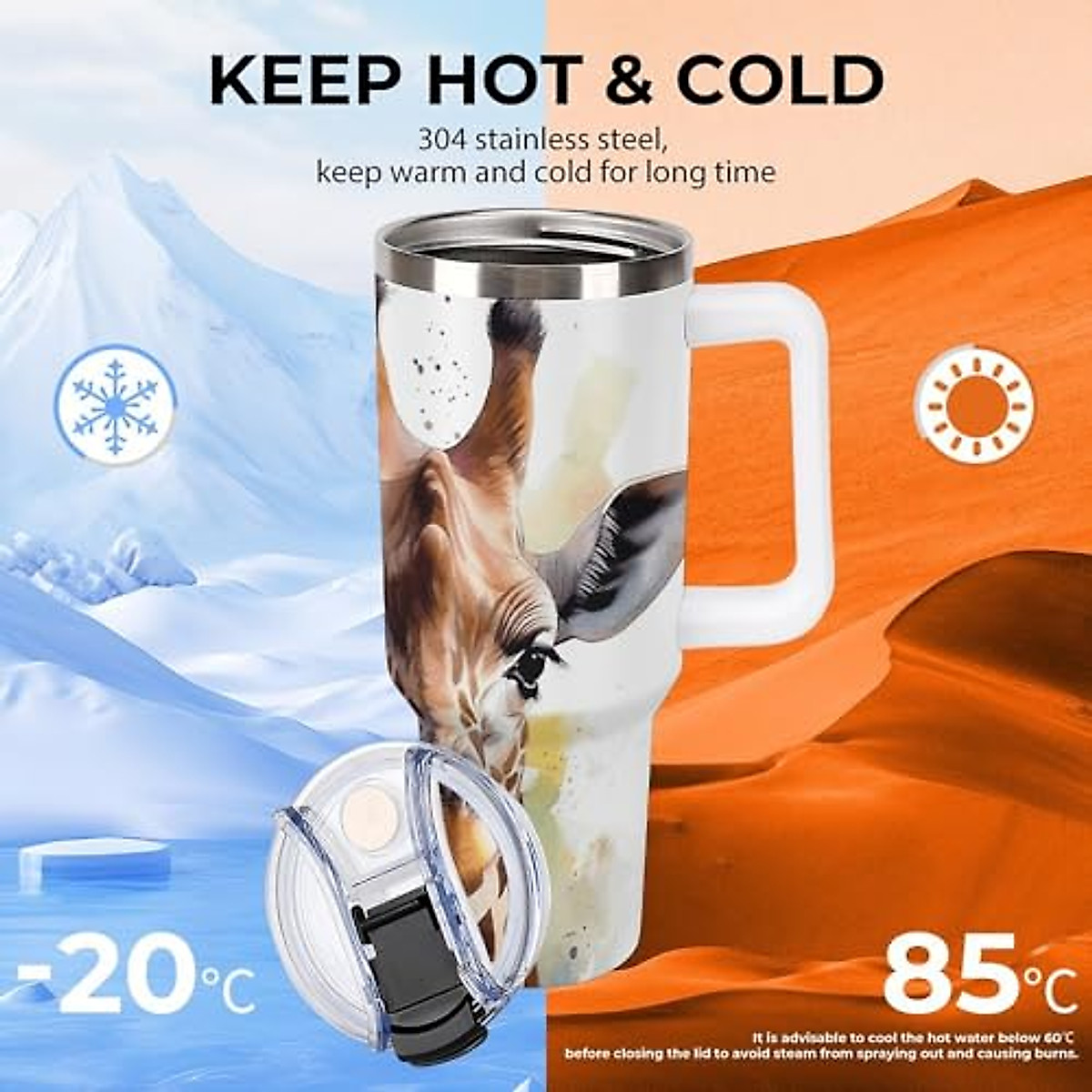 LLUTSNTH 40 Oz Vacuum Tumbler with White Handle Leakproof Insulated Tumbler Watercolor Deer Giraffe Stainless Steel Travel Mug with Lid And Straw Coffee Cup Cute Water Bottles Cup Holder Friendly