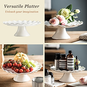 YHOJOY White Cake Stand, 10 Inch Wedding Cake Stands for Party, Round Dessert Stand, Ceramic Cake Plate Cupcake Stand for Dessert Table Display, Ruffle Trim