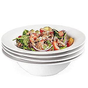 Wareland Rimmed Pasta Bowls Set of 4, 22 OZ Wide Rim Pasta Plates, Large Salad Serving Bowls for Restaurant, White Porcelain Deep Spaghetti Plates, Microwave Dishwasher Oven Safe