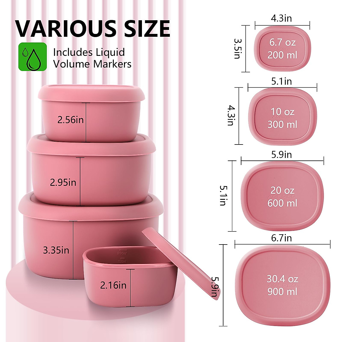 AOEDEO 4Pcs Silicone Food Storage Containers with Lids，BPA Free Reusable Silicone Storage Containers for Food Silicone Freezer Containers Freezer Dishwasher Safe (33.8oz, 20oz, 10oz, 6.7oz) (pink)