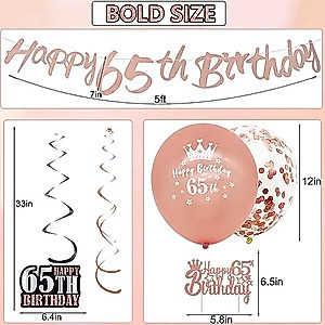 WOJOGO 65th Birthday Decorations for Women, Rose Gold 65 Birthday Decorations For Women, Happy 65th Birthday Banner Hanging Swirls Birthday Cake Topper Balloons Decor Kit for Party Supplies