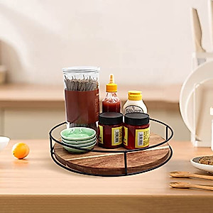 12.8 Inch Acacia Wood Lazy Susan Turntable, Round Lazy Susan Turntable with Black Steel Sides, 360 Degree Organizer Turntable for Kitchen Bathroom Dining Table Countertops Cabinets Coffee