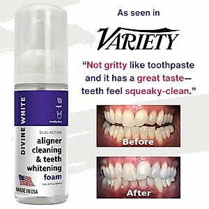 Divine White Dual-Action Stain Removal Aligner/retainer Cleaner and Teeth Whitening Foam- Hydrogen Peroxide-Good for Invisalign, ClearCorrect, SmileDirectClub, Candid -Oral Care-Toothpaste Replacement