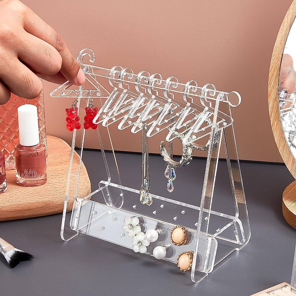 Kigley 4 Pcs Acrylic Earring Hanger Rack Earring Holder Stand Earring Display Each 52 Hole with 8 Mini Hangers Clear Hanging Jewelry Ear Studs Dangle Organizer for Women Girls, 5.31 x 5.31 x 3.27 Inch