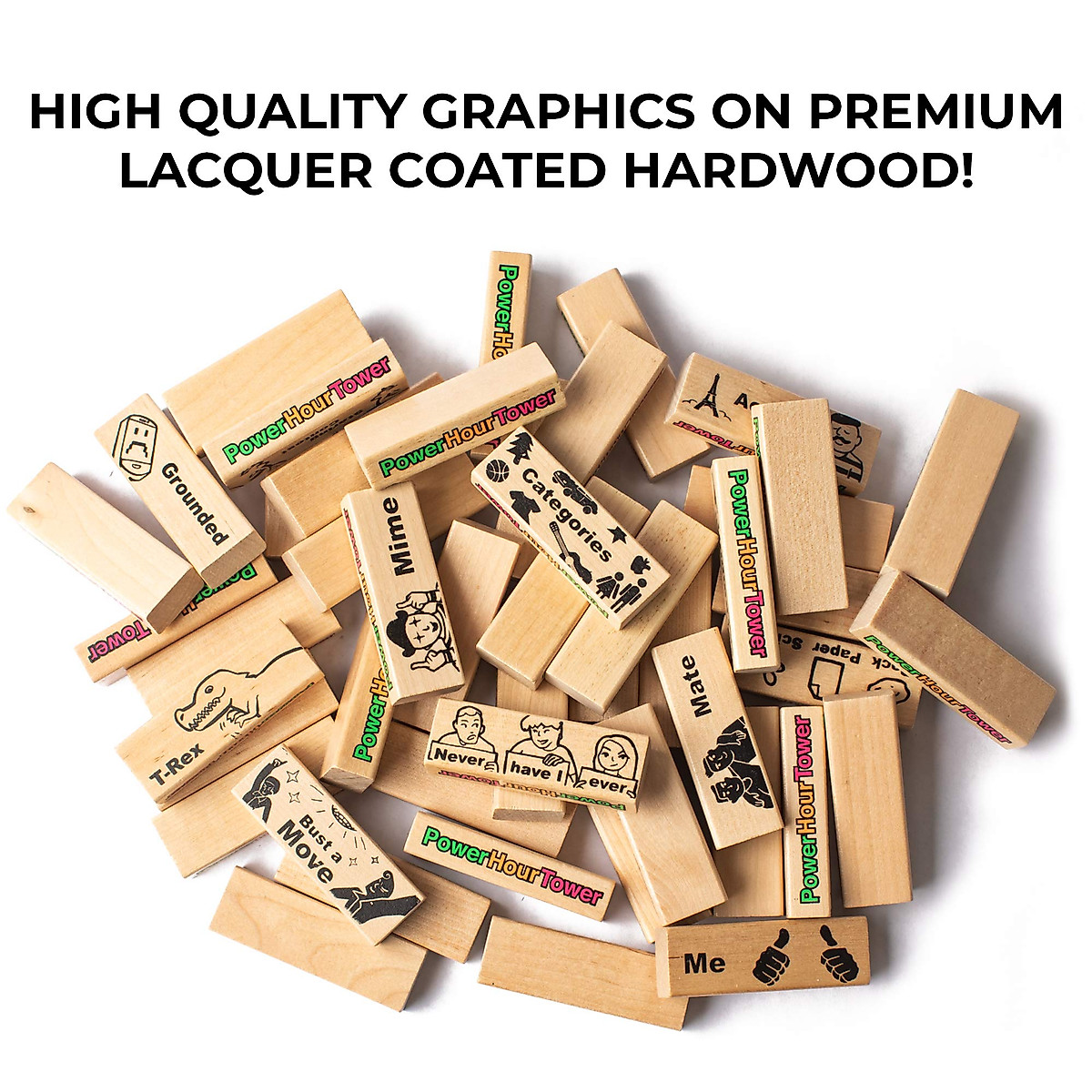 Power Hour Tower Party Game - Stacking Wooden Block for Adult Group Fun - Makes a Great Gift and Hilarious Activity