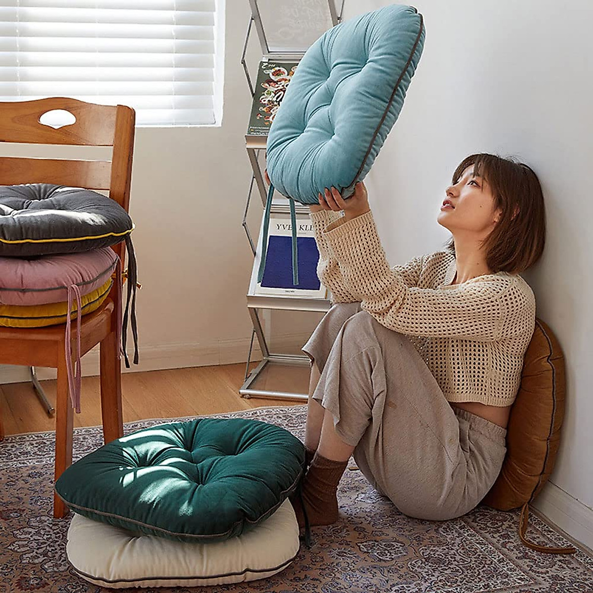 Chair Seat Cushion Outdoor Indoor Tufted Seat Cushions Memory Foam Comfort Soft Chair Cushion Pad Non Slip Wicker Chair Seat Cushion for Dining Living Room Office Kitchen Machine Washable (dark green)